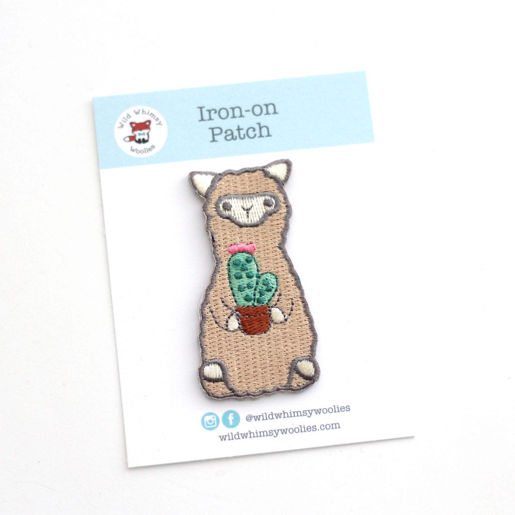 Wild Whimsy Woolies - Cactus Alpaca Embroidered Iron-On Patch - Llama Patch