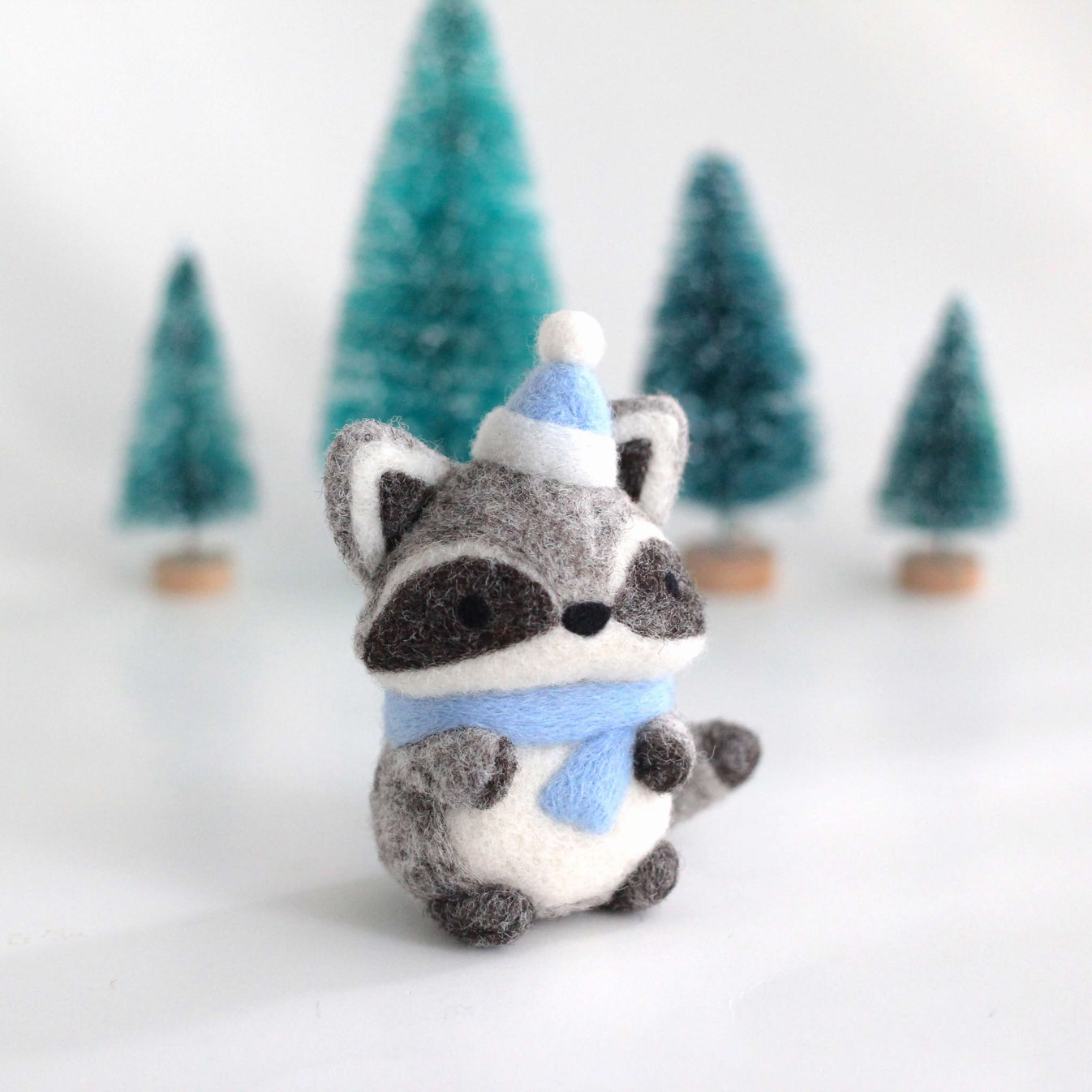 Needle Felted Raccoon w/ Blue Scarf – Wild Whimsy Woolies