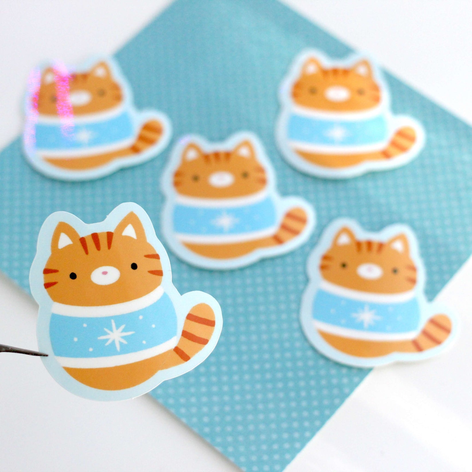 Christmas Sweater Cats Glossy Vinyl Stickers - Orange and Grey Tabby C ...