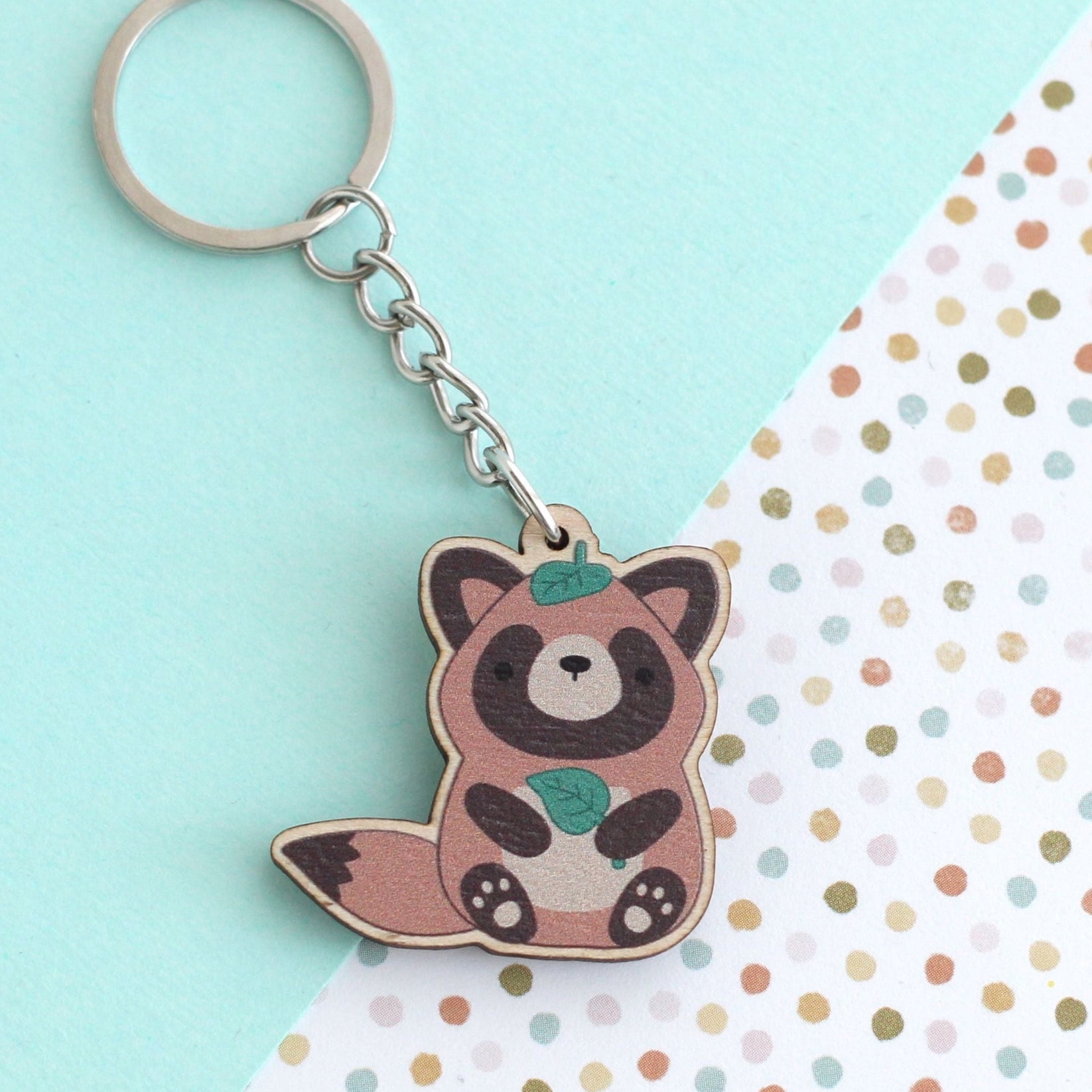 Wild Whimsy Woolies - Tanuki Wooden Keychain - Japanese Raccoon Dog