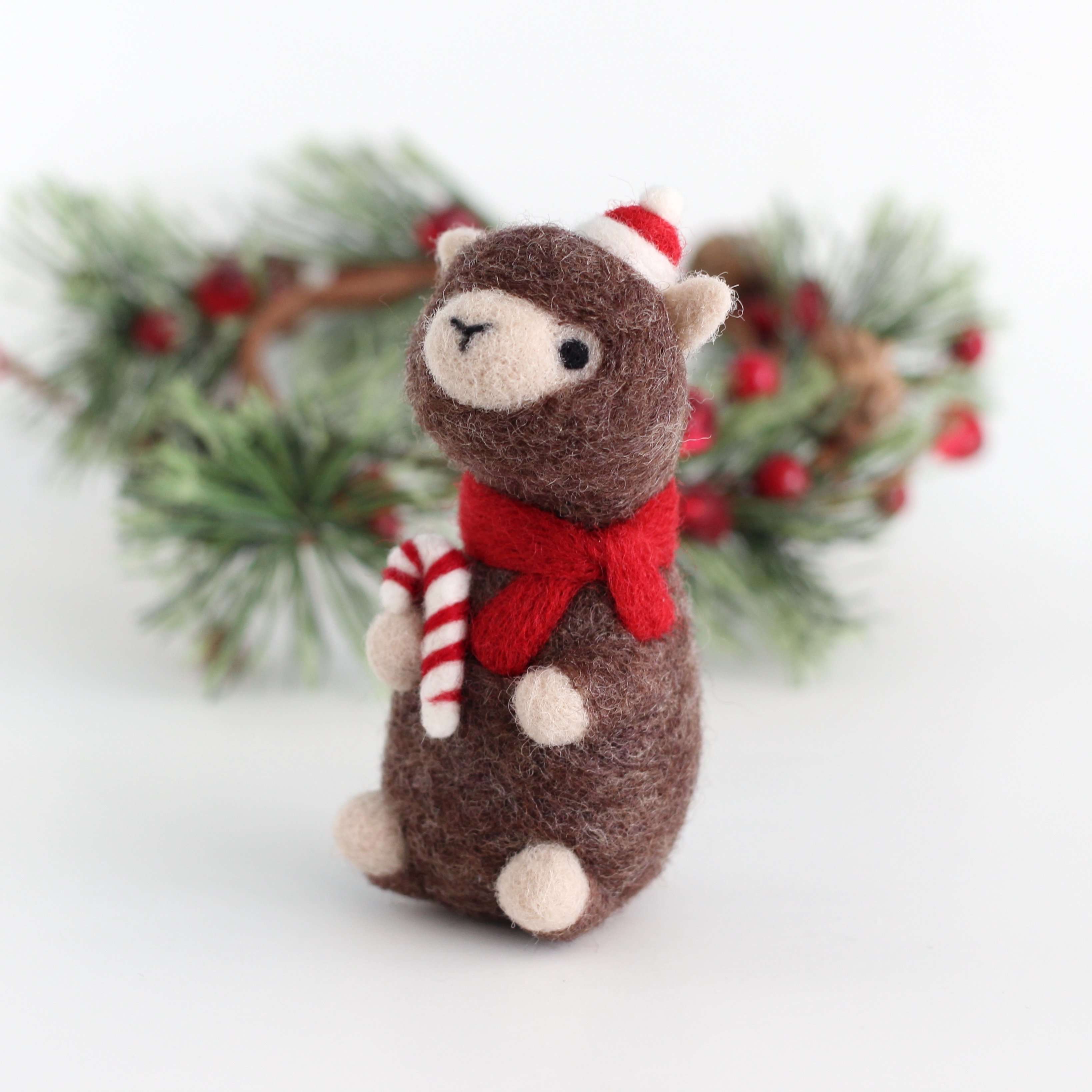 Needle Felted Alpaca holding Candy Cane – Wild Whimsy Woolies