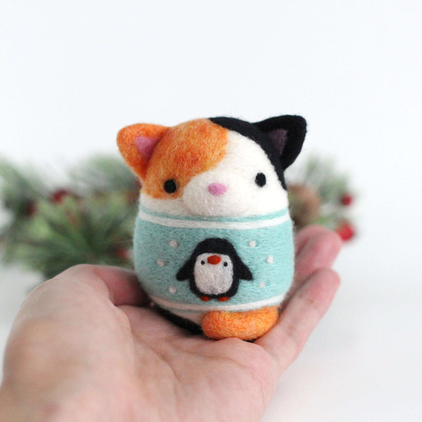 Needle Felted Calico Cat in Penguin Christmas Sweater – Wild Whimsy Woolies