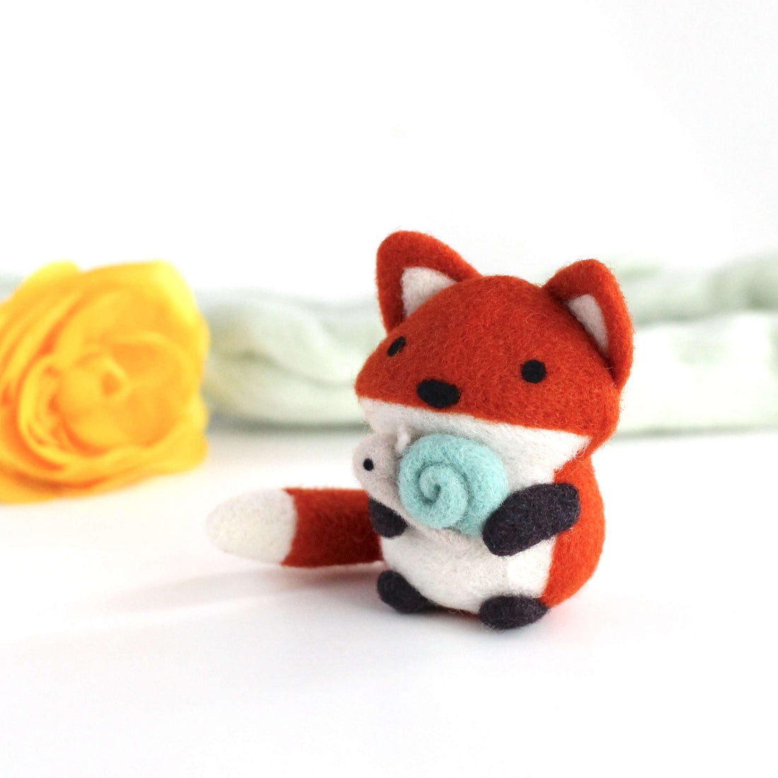 Needle Felted Fox holding Snail – Wild Whimsy Woolies