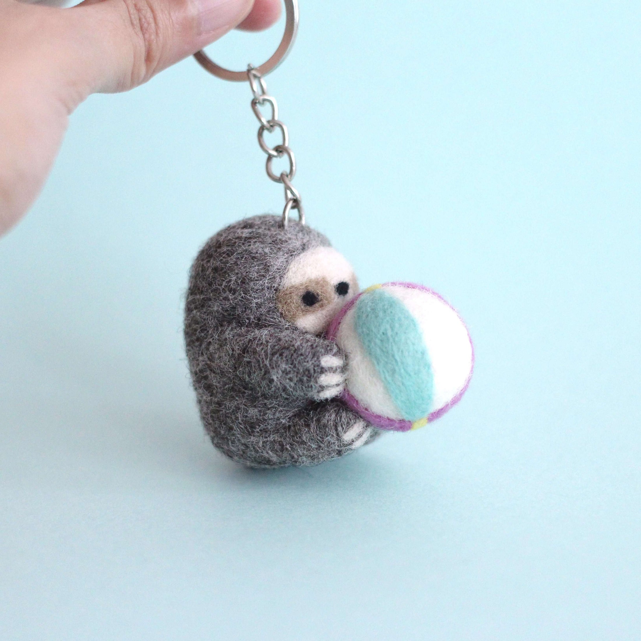 Needle Felted Sloth Holding a Beach Ball Keychain – Wild Whimsy Woolies