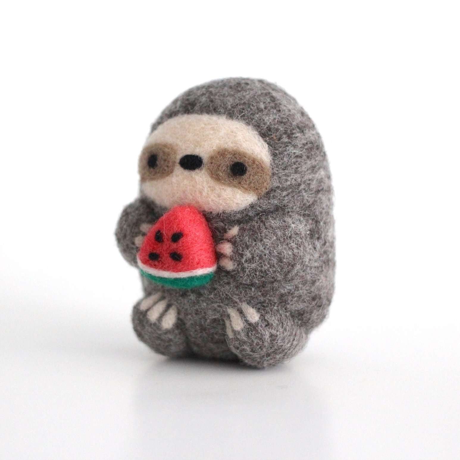 Needle Felted Sloth holding Watermelon – Wild Whimsy Woolies