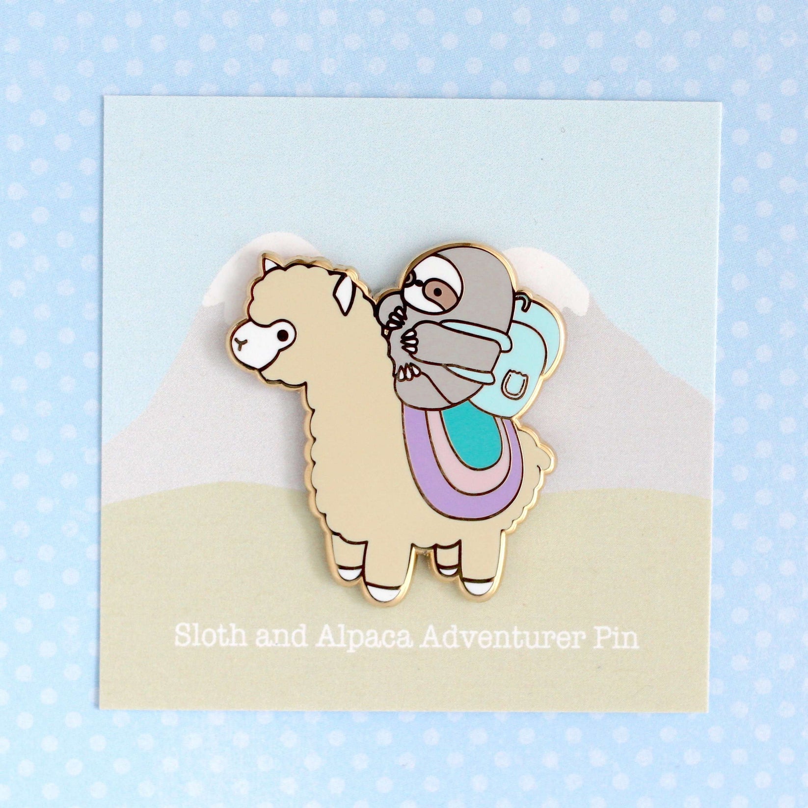 Wild Whimsy Woolies - Sloth and Alpaca Adventurer Pin (Gold, Pastel)