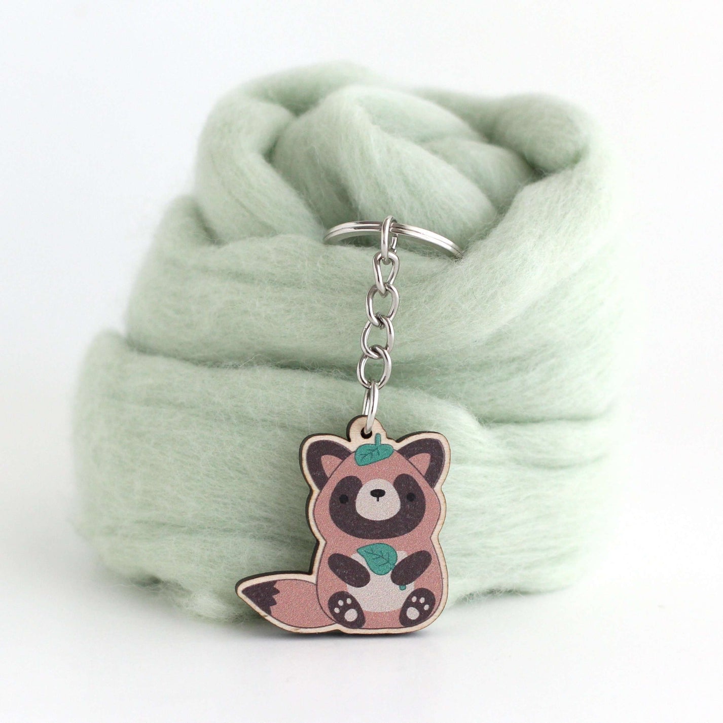 Wild Whimsy Woolies - Tanuki Wooden Keychain - Japanese Raccoon Dog